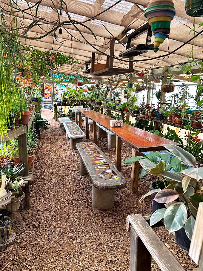 The garden dining area feels like eating in your eccentric aunt's greenhouse &ndash; if your aunt was a botanical genius with amazing taste in pizza.