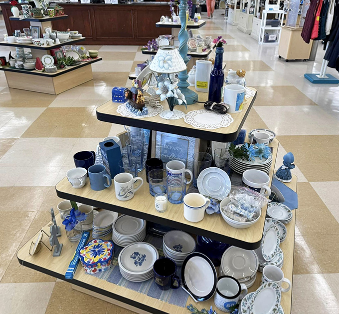 This color-coordinated display of blue dishware would make Martha Stewart swoon. One person's castoffs become another's curated collection!