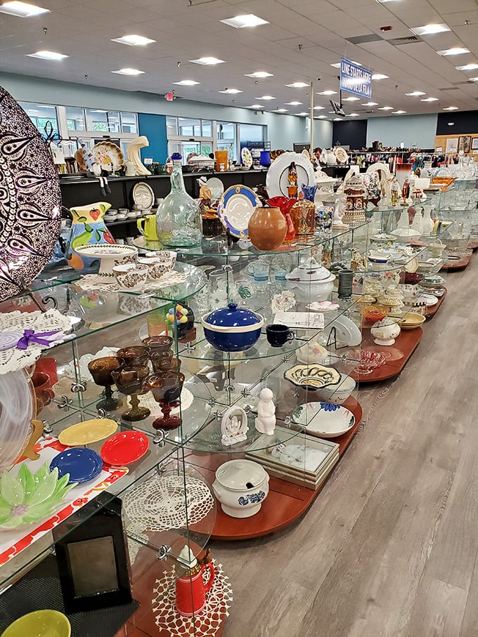 Glassware galore displayed with museum-worthy care, from everyday tumblers to pieces that would make antique dealers do a double-take.