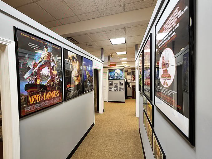 Movie posters line the hallways, creating a timeline of terror that horror aficionados will recognize from sleepless nights.