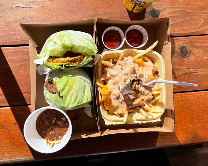 The lettuce wrap option proves Carney's isn't stuck in the past &ndash; though their Train Wreck Fries deliberately and deliciously derail any diet plans.