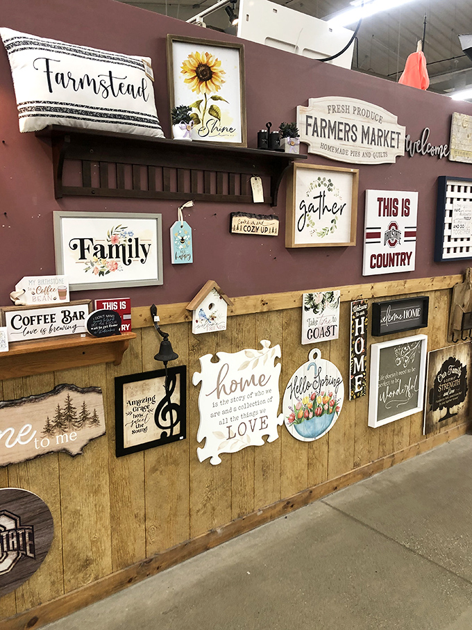 Farmhouse chic meets Midwest charm in these home d&eacute;cor displays. "Live, Laugh, Love" signs have never looked so temptingly purchasable.