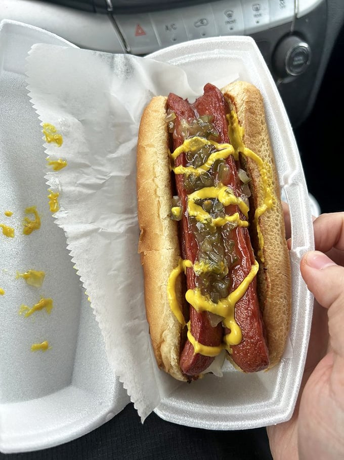 Not just any hot dog—this is the kind that makes you question why you ever bothered with fancier food. Simple perfection with mustard artistry.