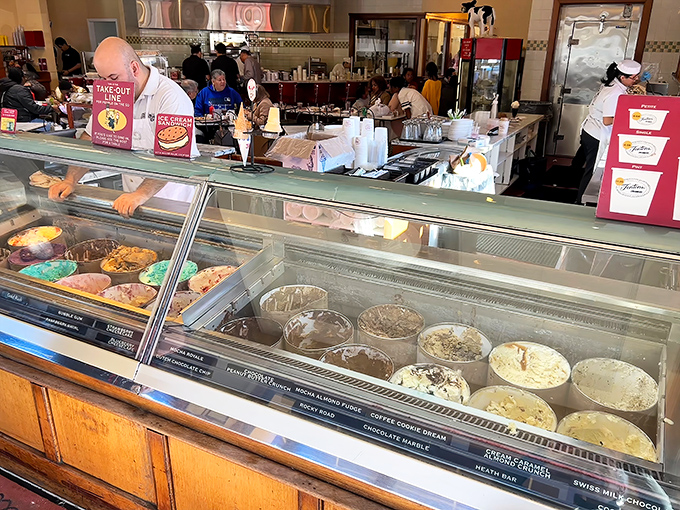 The ice cream display case—where adults press their noses against glass with the same wonder they had as children.