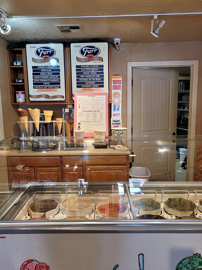 The happiest counter on earth. Farr's ice cream flavors await behind glass, promising cold comfort after hot desert adventures.