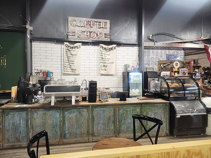Coffee shop or time machine? This weathered counter serves up caffeine with a side of nostalgia. Fuel for serious shopping expeditions.