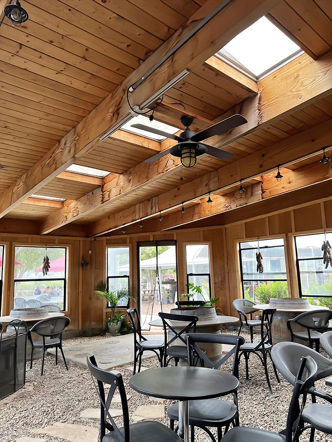 Sunlight streams through skylights in this wood-beamed sanctuary where wine country casual meets serious dining intentions.