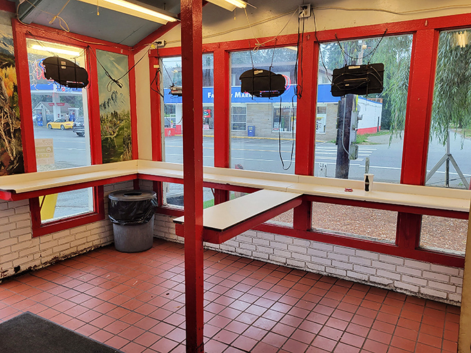 The standing counter area offers no pretense&mdash;just a practical place to lean while contemplating your next bite of roadside perfection. 
