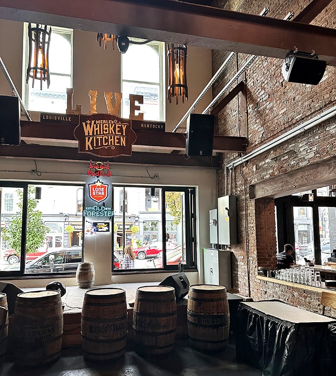 "LIVE" isn't just a sign&mdash;it's a promise. Merle's industrial-chic interior manages to feel both spacious and intimate, like a bourbon barrel's soul.