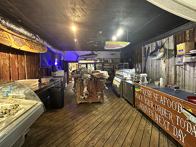 Where the magic happens&mdash;wooden floors worn smooth by decades of seafood lovers, with a sign promising "Fresh Seafood" that actually delivers on that promise. 