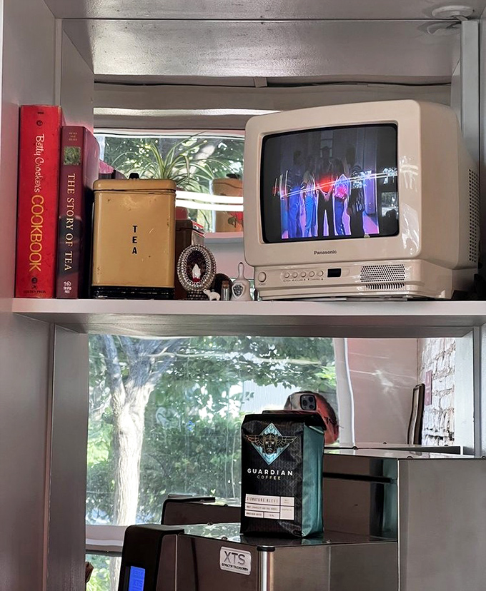 Retro meets refined with this vintage TV and cookbook display. Even the d&eacute;cor at Martha On The Fly tells you they take breakfast seriously.