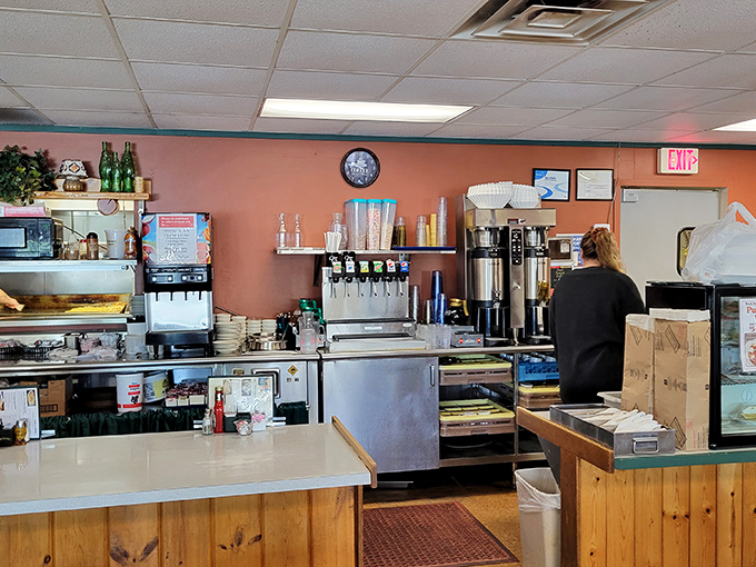 The counter area reveals the beating heart of breakfast operations&mdash;where coffee flows freely and hashbrowns achieve their perfect golden-brown destiny.