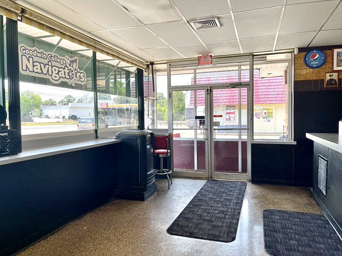 The entrance says it all &ndash; no gimmicks, just good food. Even the Goodwin College Navigators know where to dock for reliable sustenance. 