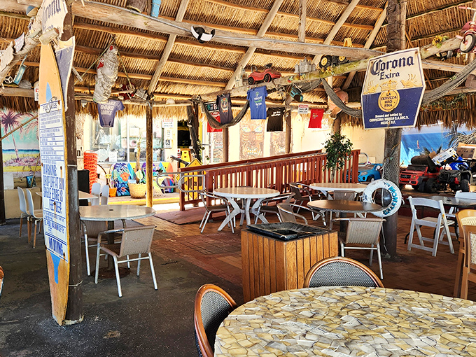 Thatched roof, hanging t-shirts, and the promise of cold drinks&mdash;the dining area feels like the best beach bar you discovered on that Caribbean vacation.