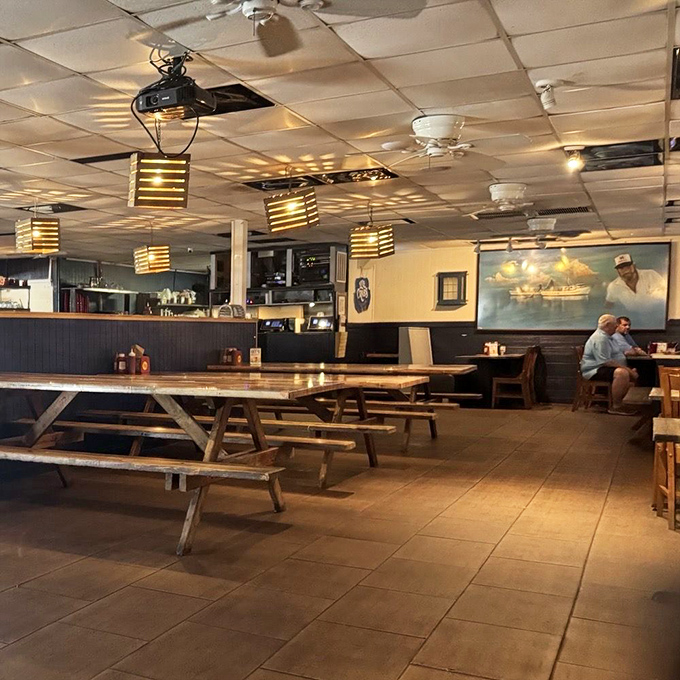 The dining room's nautical simplicity lets the food take center stage, with picnic tables that say "roll up your sleeves, things might get messy."