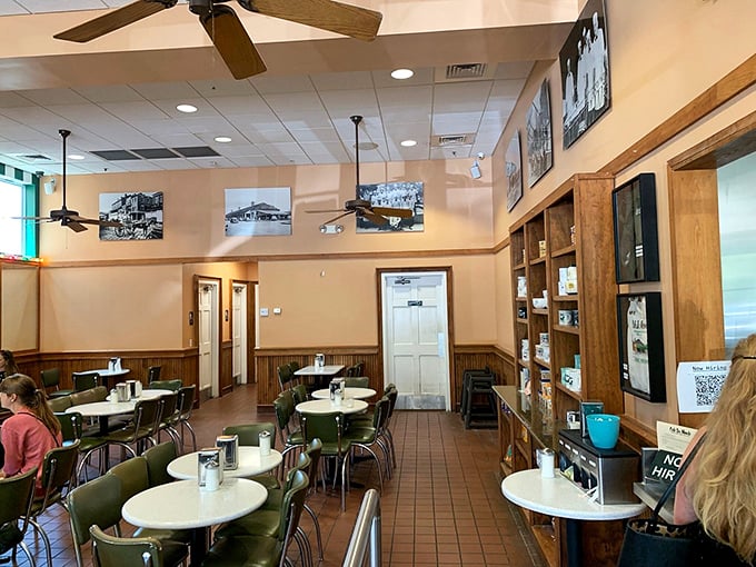 The dining room's unpretentious charm lets you focus on what matters. No Edison bulbs or reclaimed wood here&mdash;just straightforward tables for serious beignet business.