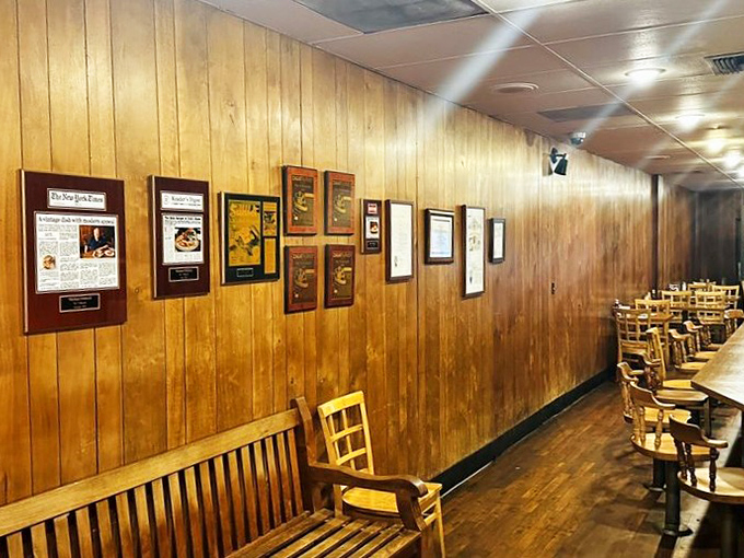 Wood paneling and framed accolades tell stories of decades past, while those chairs have supported generations of Pasadena's hungry patrons.