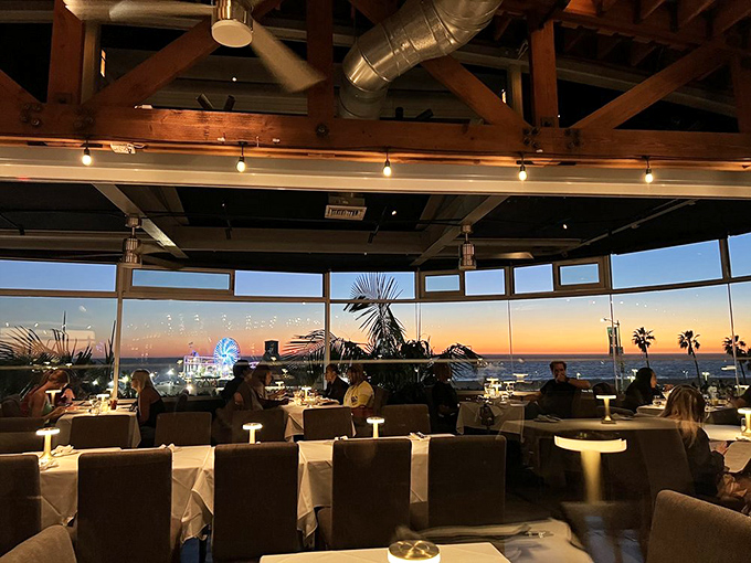 As twilight falls, the restaurant transforms into dinner theater with the Santa Monica Pier's twinkling lights playing supporting role to your meal.