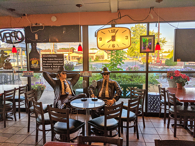 The Blues Brothers statues keep watch over diners &ndash; silent guardians of good taste in both music and Cajun cuisine. 