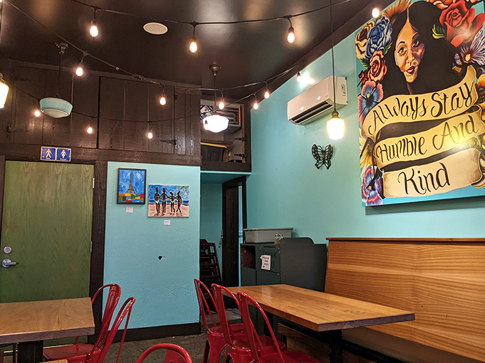 Turquoise walls and inspirational art create the perfect backdrop for the serious business of stuffing your face with exceptional Mexican food.