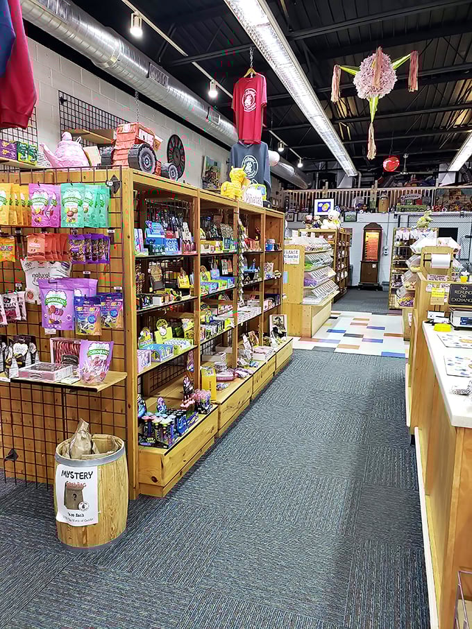 Wooden shelves stocked with sugary treasures create aisles that feel like the Library of Congress for candy historians and sugar enthusiasts alike.