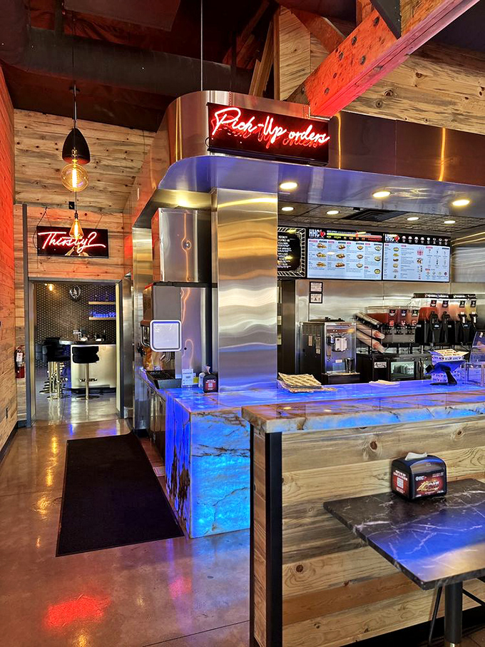 The "Pick Up Orders" sign glows like a beacon of hope for those who've planned ahead. Smart move, future you.