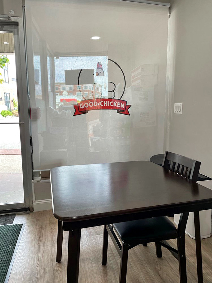 The minimalist dining area says, "We know why you're here, and it isn't for the d&eacute;cor" &ndash; function beautifully serving form.