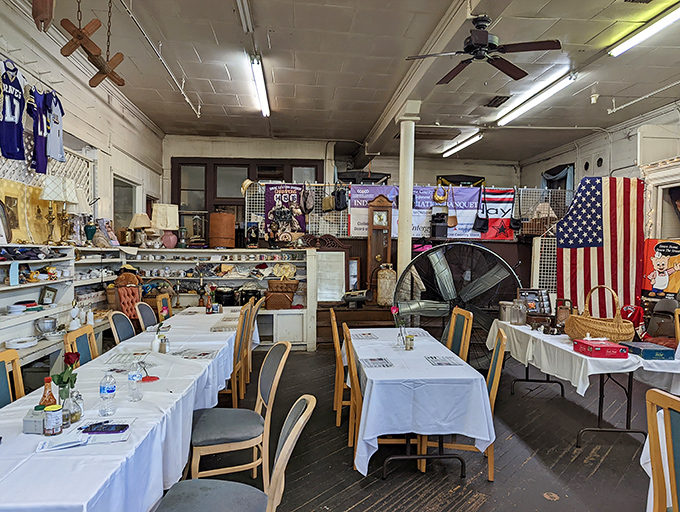 American flags and sports memorabilia line the walls, creating the perfect backdrop for conversations that flow as easily as the sweet tea.