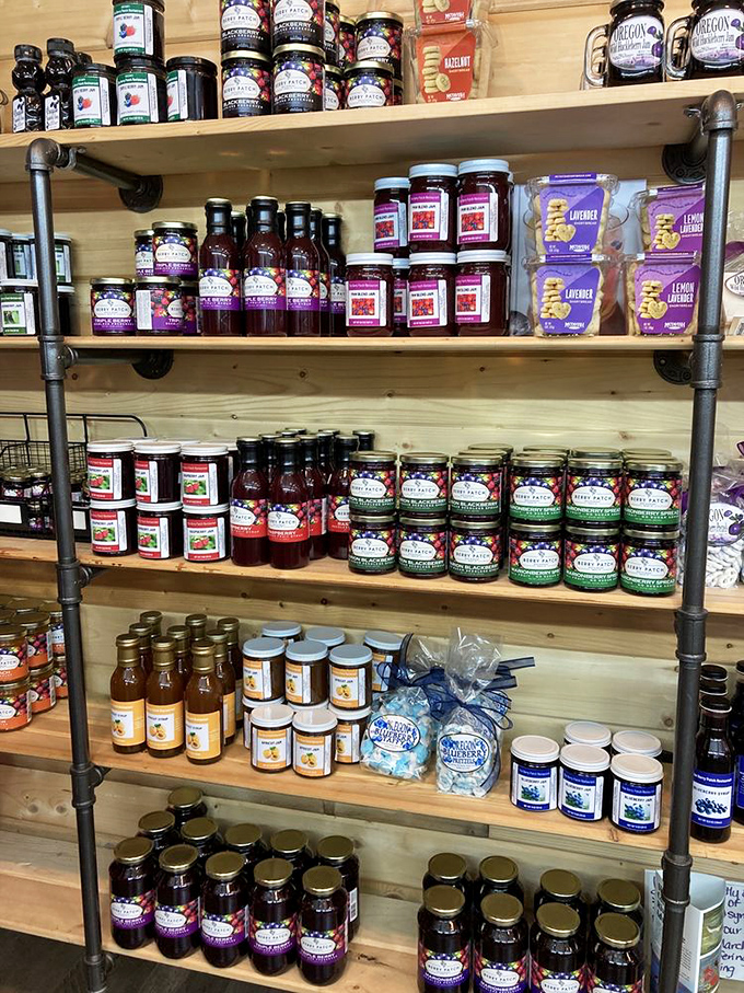 A treasure trove of berry preserves lines rustic wooden shelves. Take home a jar and bring a taste of Oregon to your morning toast ritual.
