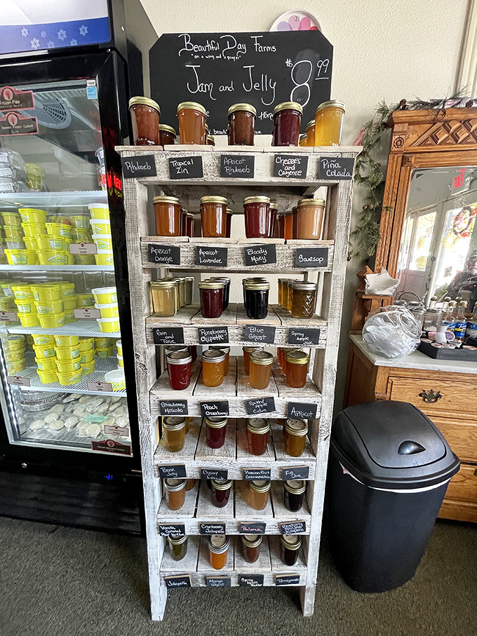 Beautifully displayed jams and jellies from Bountiful Day Farms offer a fruity counterpoint to the candy cornucopia. Breakfast just got exciting!
