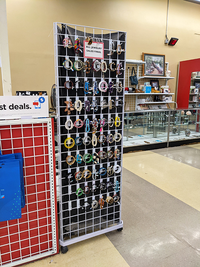 Jewelry display that proves one person's "too chunky" is another's "statement piece." Treasure hunting at its most sparkly.