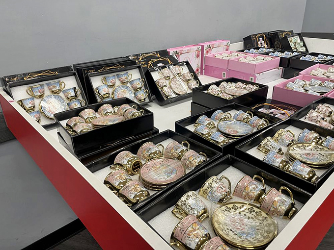 Fine china and tea sets that would impress the Dowager Countess herself, nestled between everyday finds like unexpected retail royalty.