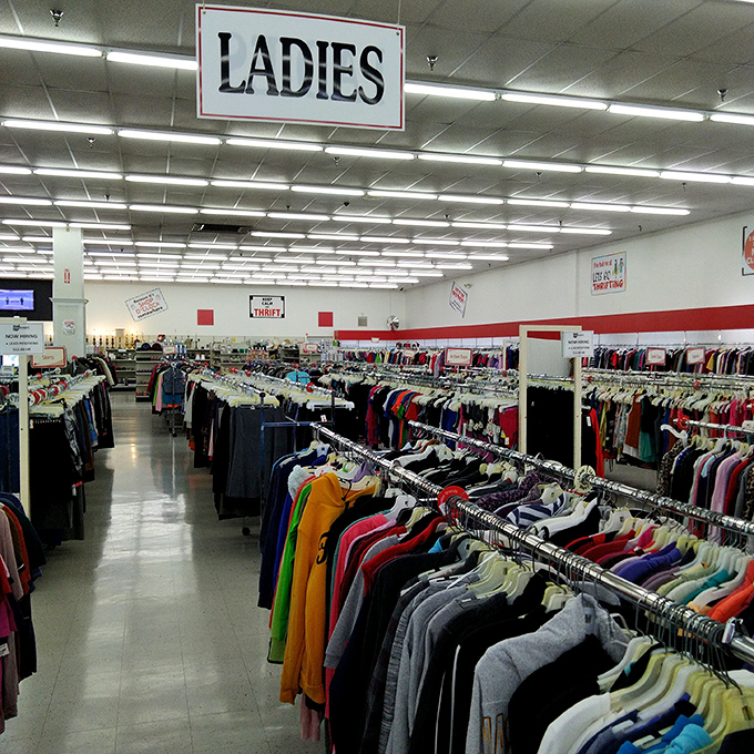 The ladies' section stretches toward the horizon like a fashionista's dream. Somewhere in this sea of fabric lies your next favorite outfit.