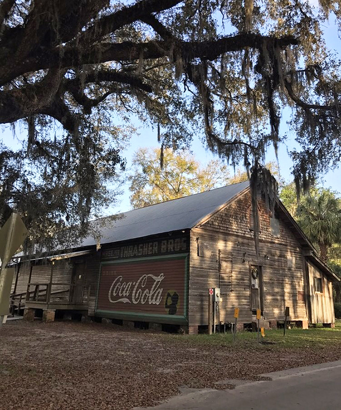 The weathered Thrasher Bros. building wears its Coca-Cola sign like a vintage badge of honor, standing as testament to Florida's pre-Disney commercial history.