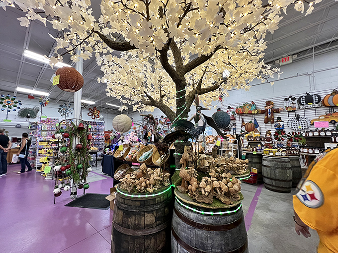 This artificial cherry blossom tree creates a whimsical centerpiece, proving that even indoor marketplaces can experience eternal spring.