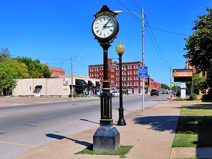 Time moves differently in Pawhuska, marked by this charming street clock that reminds visitors they're on "Oklahoma time" now.
