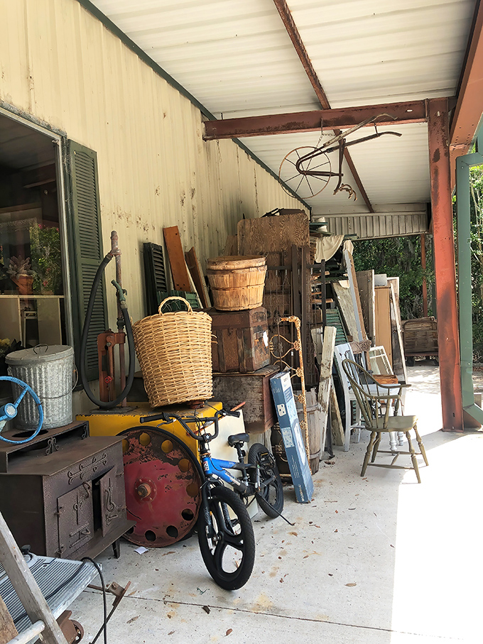 The outdoor overflow area&mdash;where rustic treasures bask in Florida sunshine. That vintage bicycle is practically begging for a new life in someone's garden.