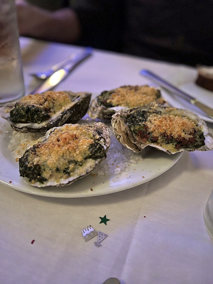 Oysters Rockefeller dressed for success&mdash;these bivalves have been upgraded from street clothes to formal wear with spinach, cheese, and breadcrumbs.