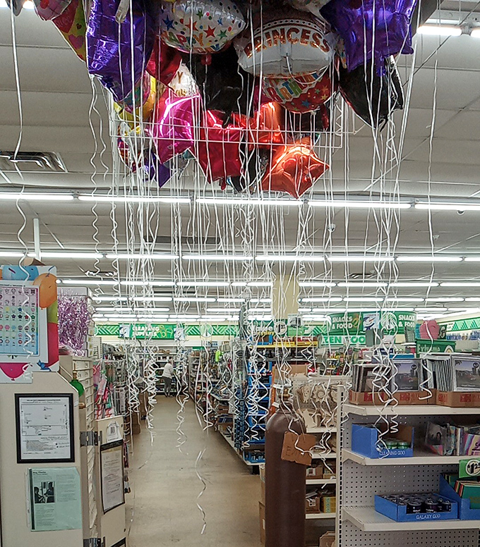 Balloon heaven! This ceiling display of celebratory inflatables proves every life milestone can be commemorated without mortgage-level spending.