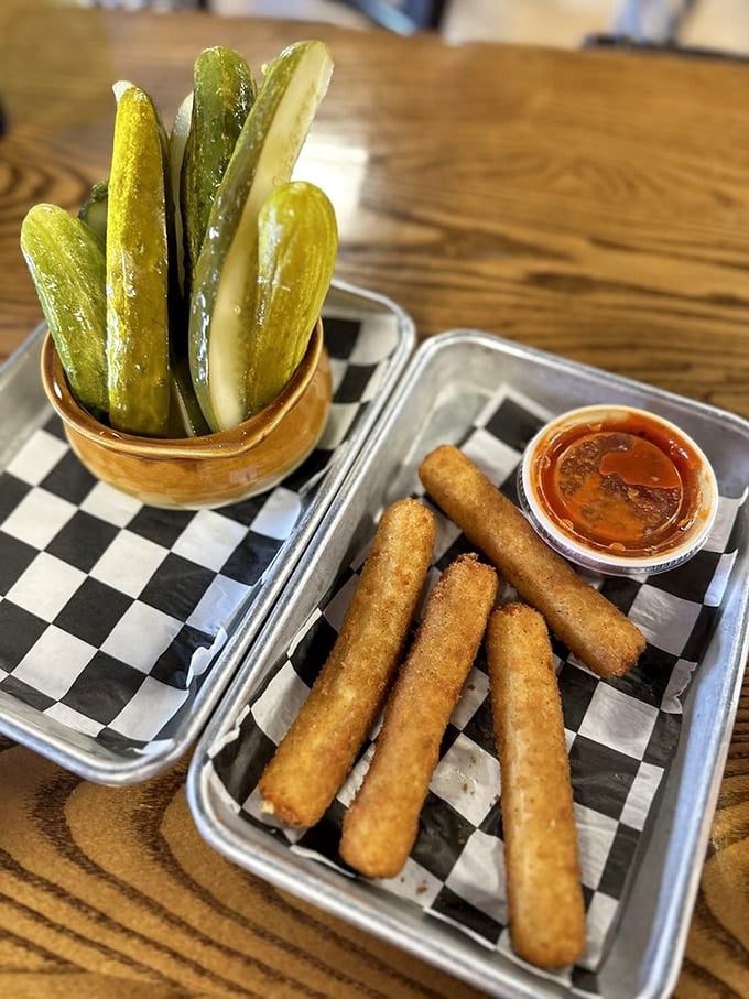 Those pickles stand at attention like the Rockettes of the deli world. The mozzarella sticks? Just showing off at this point.