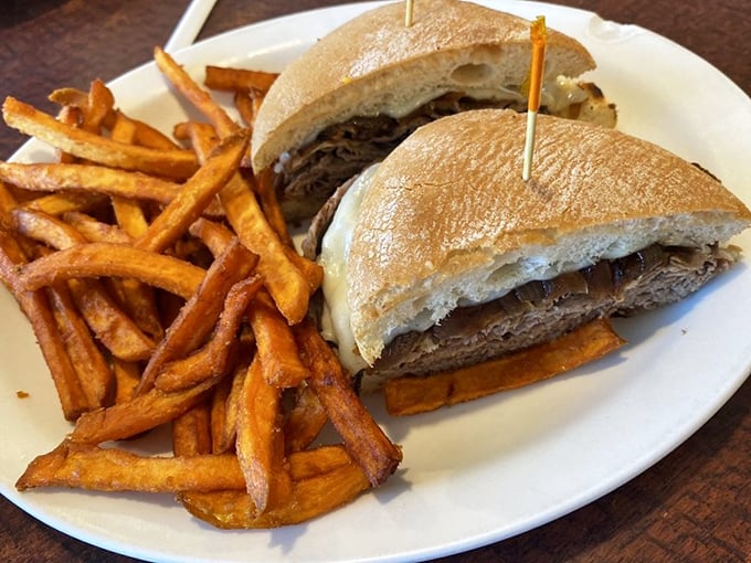 The French dip's sophisticated cousin &ndash; a hot roast beef sandwich that's dressed for success with sweet potato fries that could steal the show.