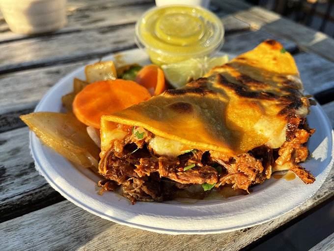 The quesabirria that launched a thousand Instagram posts. Crispy, cheesy exterior gives way to tender, flavorful meat &ndash; pure handheld bliss.