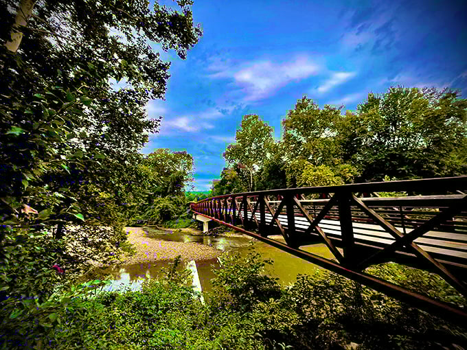 This bridge doesn't just span a creek; it connects urban life to wilderness therapy, all within a short walk from downtown.
