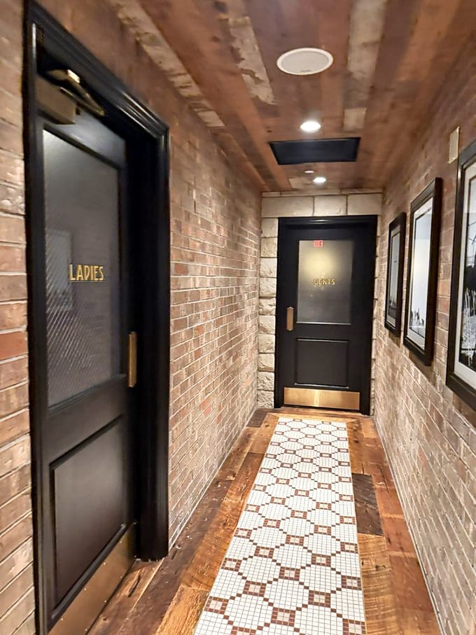 Even the hallway to the restrooms tells a story&mdash;brick walls and vintage touches that remind you this place has seen decades of satisfied diners.