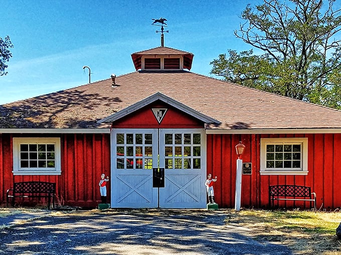Ridgewood Ranch's charming red barn evokes a simpler time when Seabiscuit's legendary hooves once thundered across these grounds.
