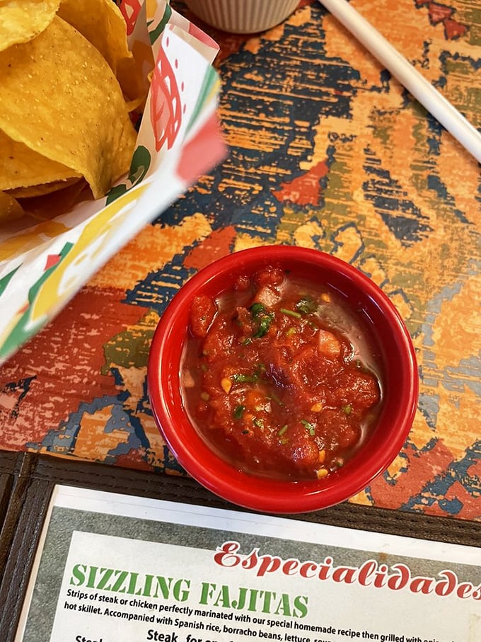 Fresh salsa in its natural habitat&mdash;vibrant, chunky, and patiently waiting to transform ordinary chips into extraordinary experiences.