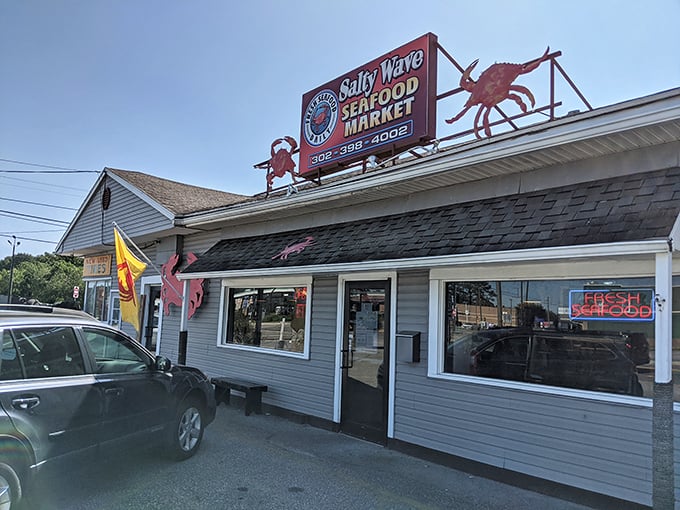 At Salty Wave Seafood Market, those giant crab signs aren't just decoration—they're a promise of Delmarva's finest catches without the coastal premium pricing.