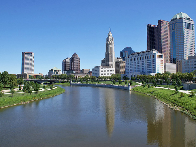 Columbus's skyline plays narcissist, admiring its own reflection in the Scioto River. The city's architectural greatest hits album, available for viewing at no charge.