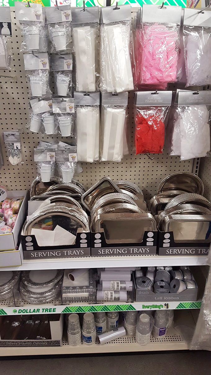 Party planning headquarters: where silver serving trays and decorative buckets transform ordinary gatherings into elegant affairs for pocket change.