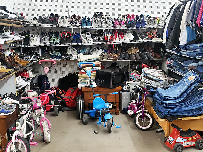 A footwear fantasyland where sneakers, sandals, and children's bikes create the ultimate family treasure hunt.